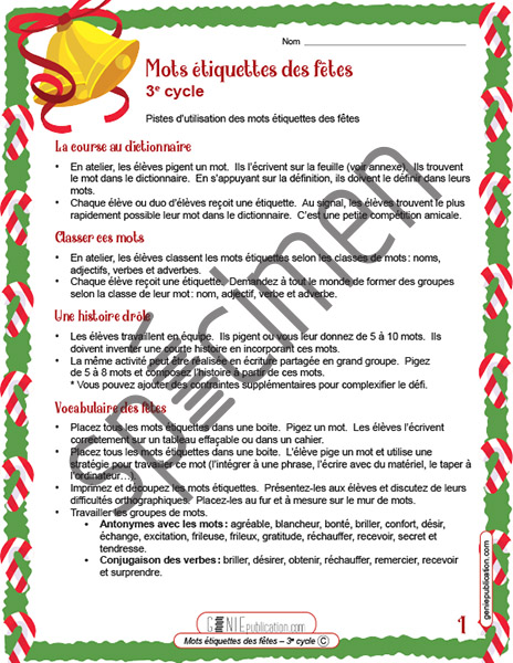 Géniepublication | Catalogue | Mots étiquettes des fêtes – 3ᵉ cycle