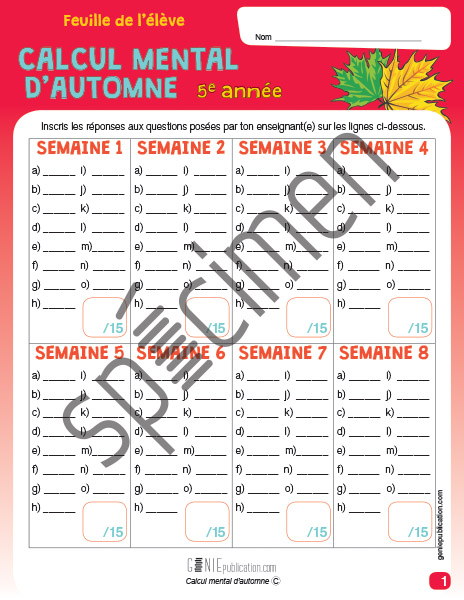 Géniepublication | Catalogue | Calcul mental d'automne – 5e année